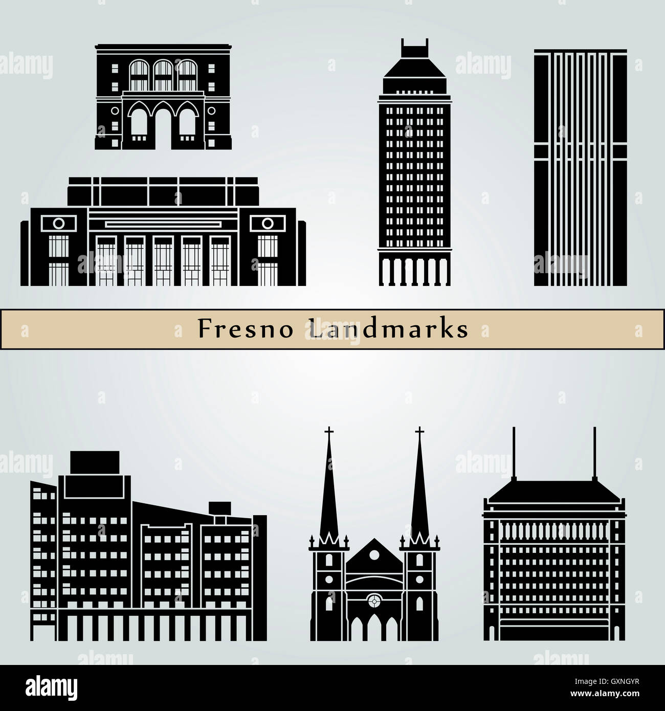 Fresno landmarks and monuments isolated on blue background in editable ...