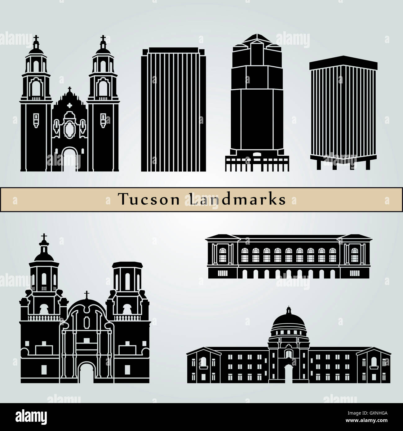 Tucson landmarks and monuments isolated on blue background in editable ...