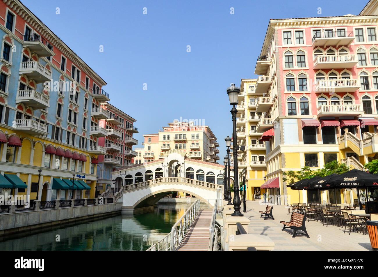 Qanat Quartier, a Venice-like residential district in Doha, Qatar Stock ...