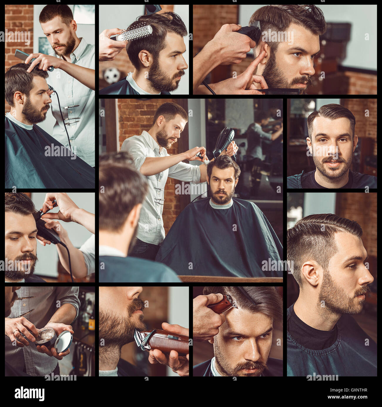 Barber at work. Collage from images of barbershop Stock Photo - Alamy