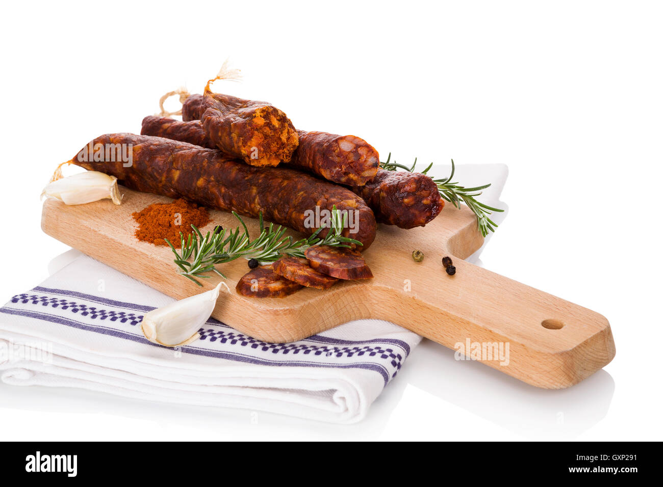 Traditional meat sausage background. Sausages isolated on white ...