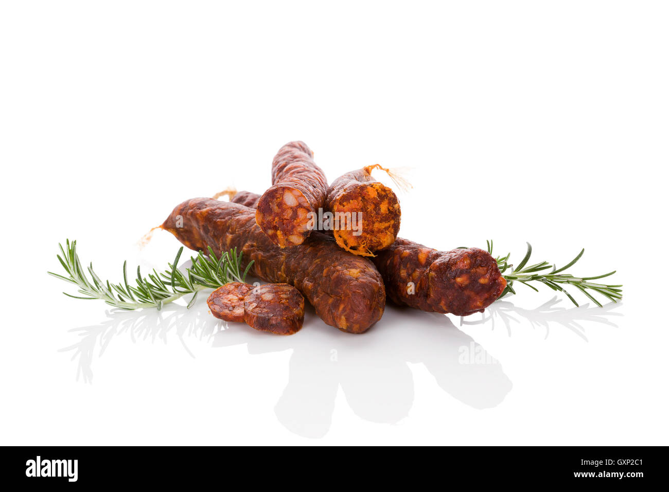 Traditional meat sausage background. Sausages isolated on white ...