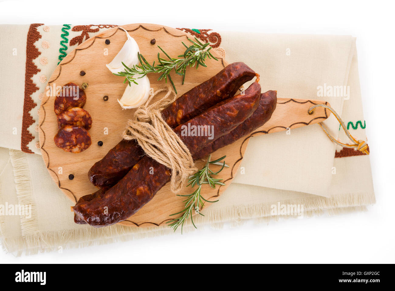 Traditional meat sausage background. Sausages isolated on white ...