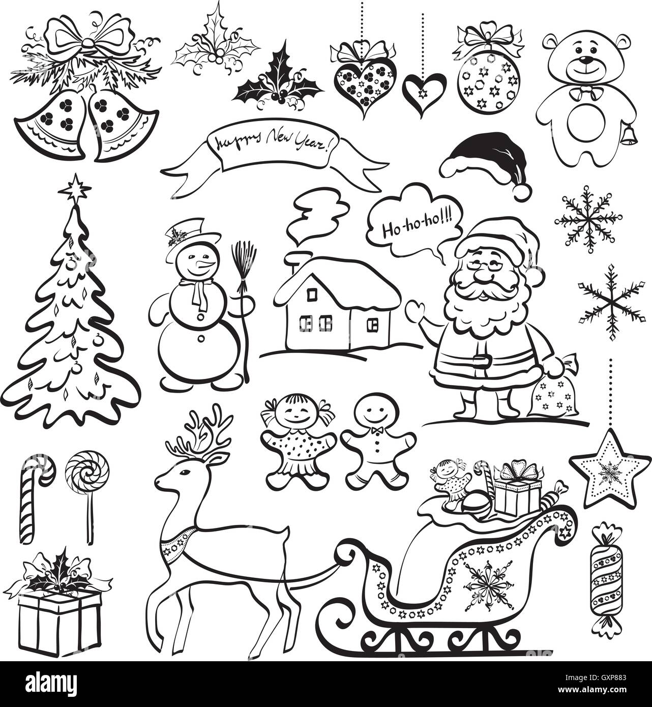 Set elements snowman on Black and White Stock Photos & Images - Alamy