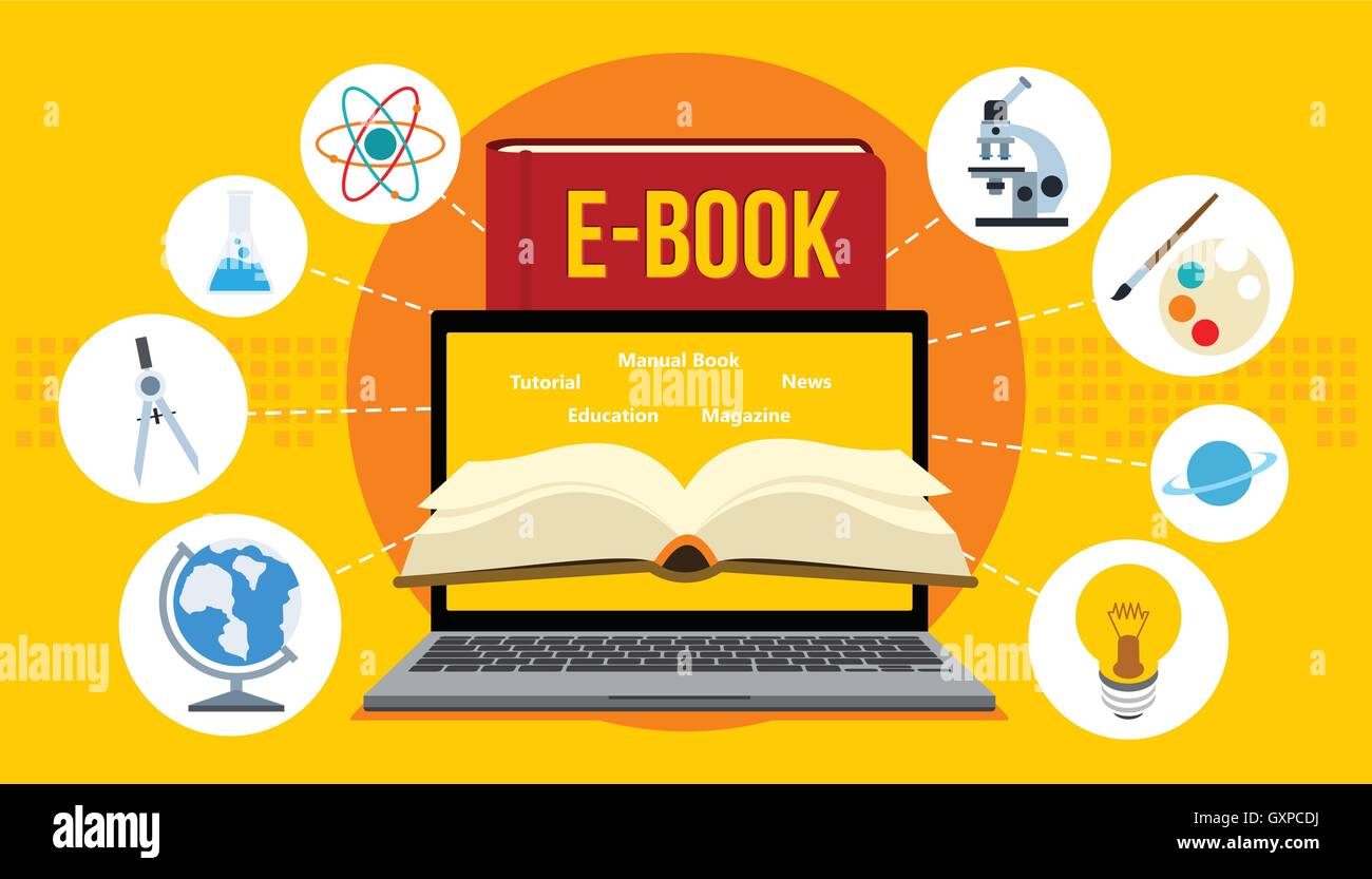 electronic book ebook with laptop and yellow background Stock Vector ...