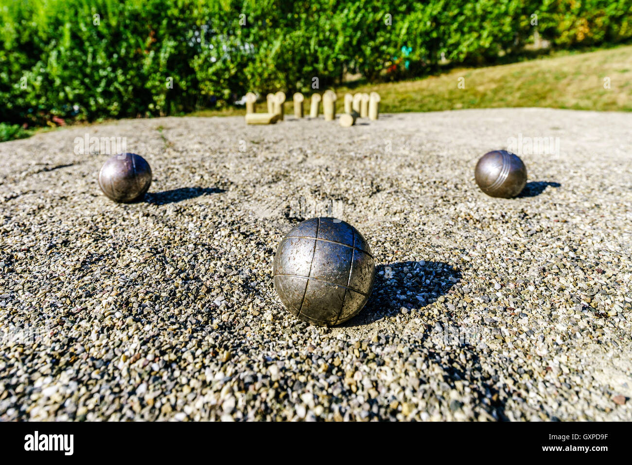 Metal balls for petanque on the ground, perspective view Stock Photo ...