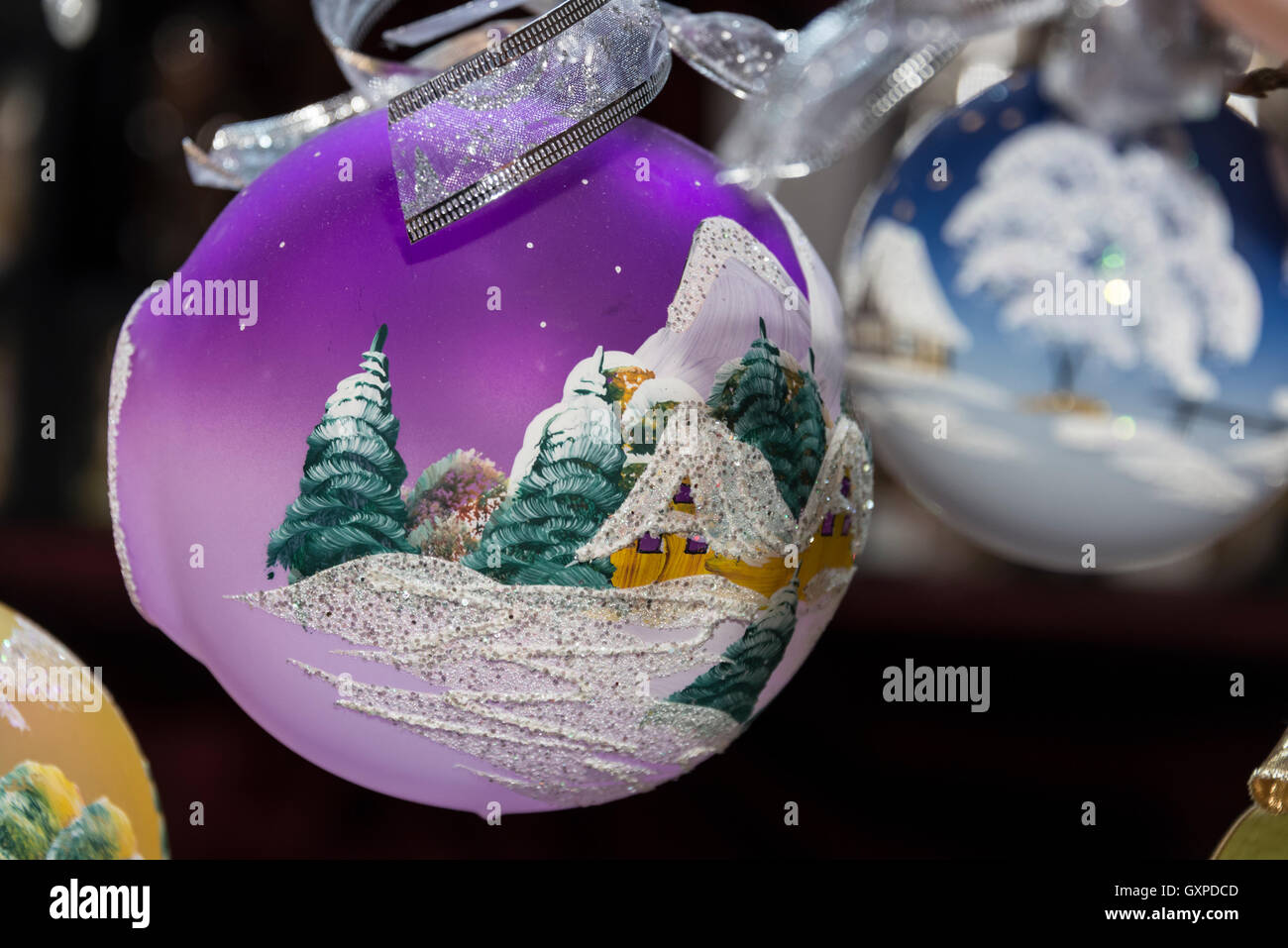 A colourful display of hand-painted Christmas baubles on sale at the ...