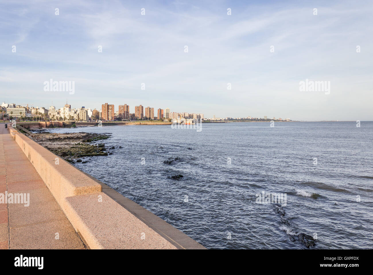 City view from Montevideo at sunset with buildings and river Stock ...