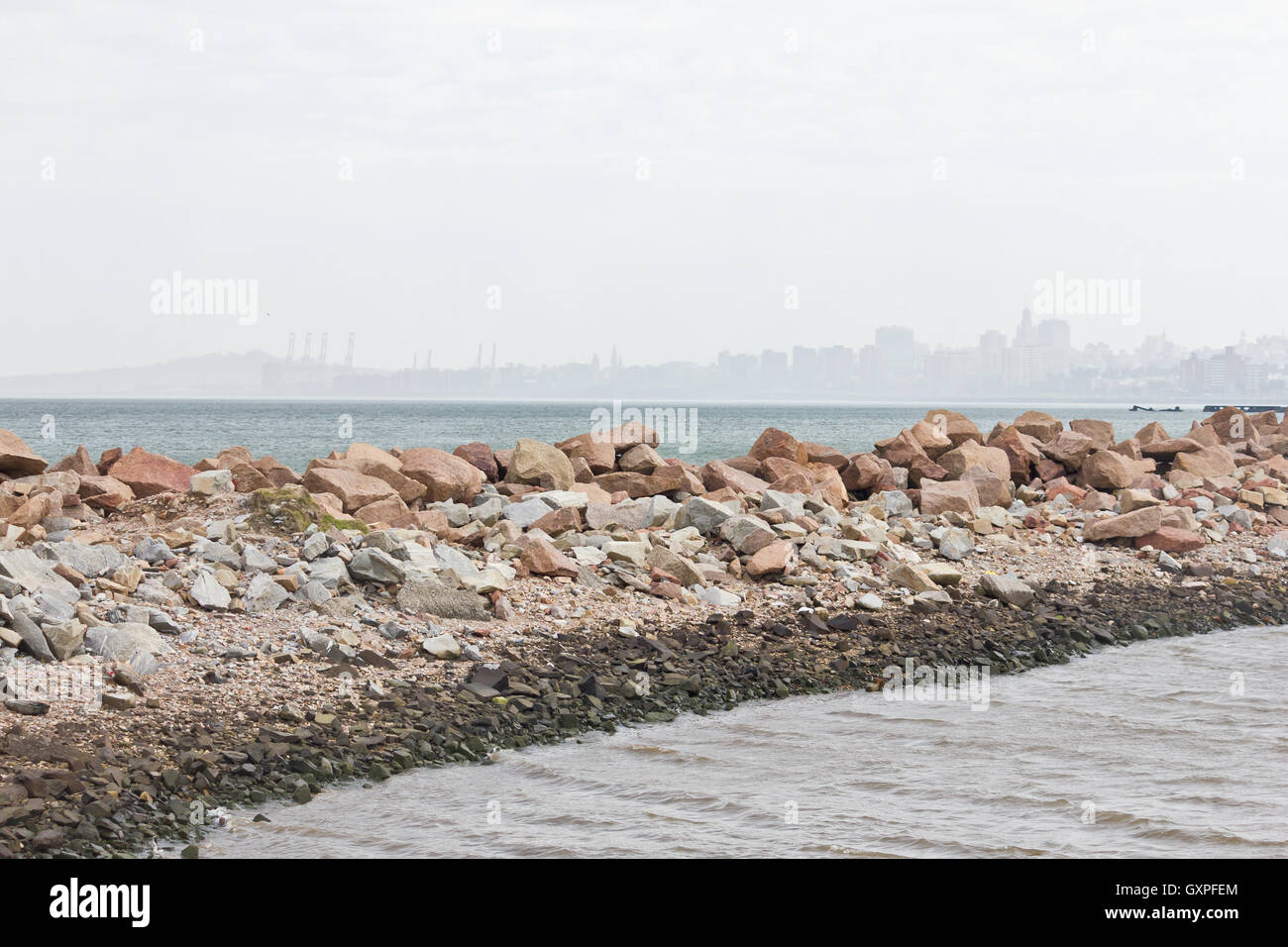 City view from Montevideo on the rain with buildings and river Stock ...