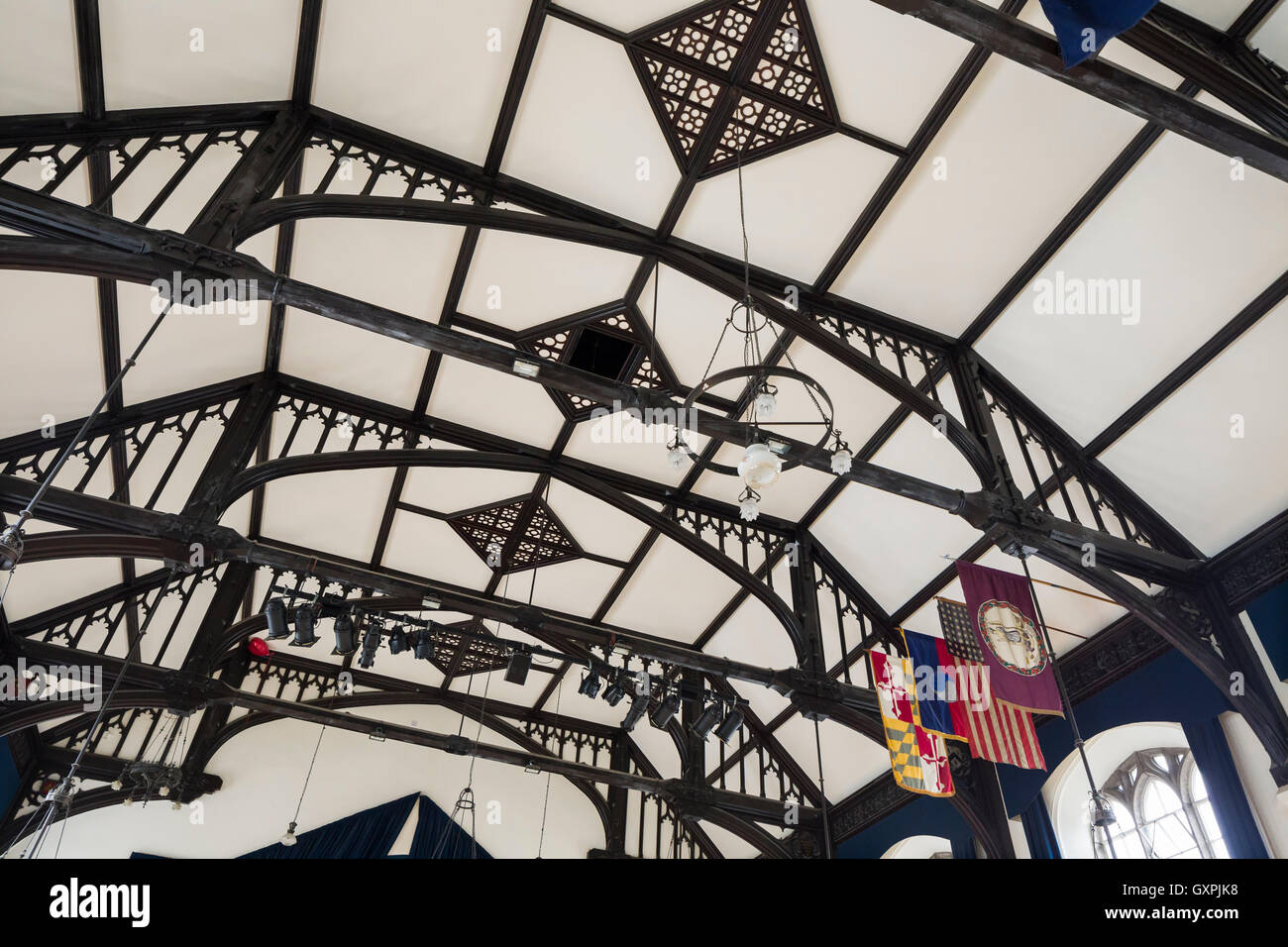 The ornate beamed ceiling of Tavistock Town Hall, designed for the Earl ...