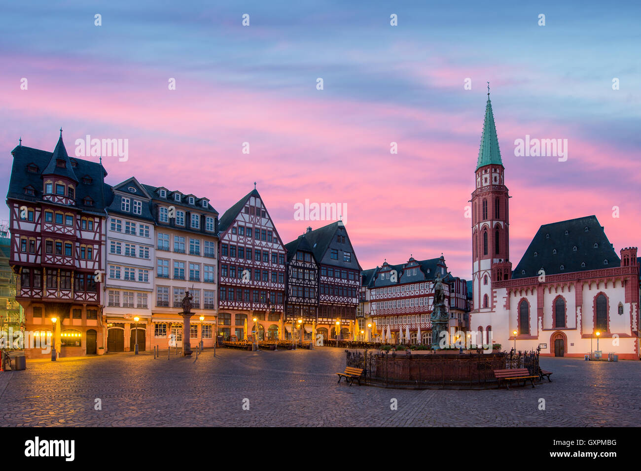 Old town square romerberg with Justitia statue in Frankfurt, Germany ...