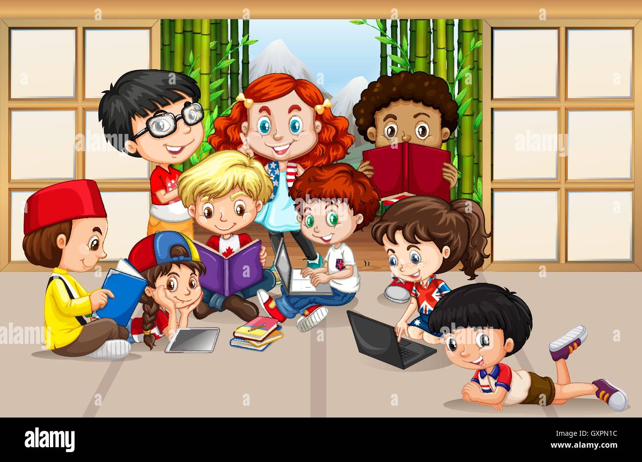 Lots of children reading and working on computer illustration Stock ...