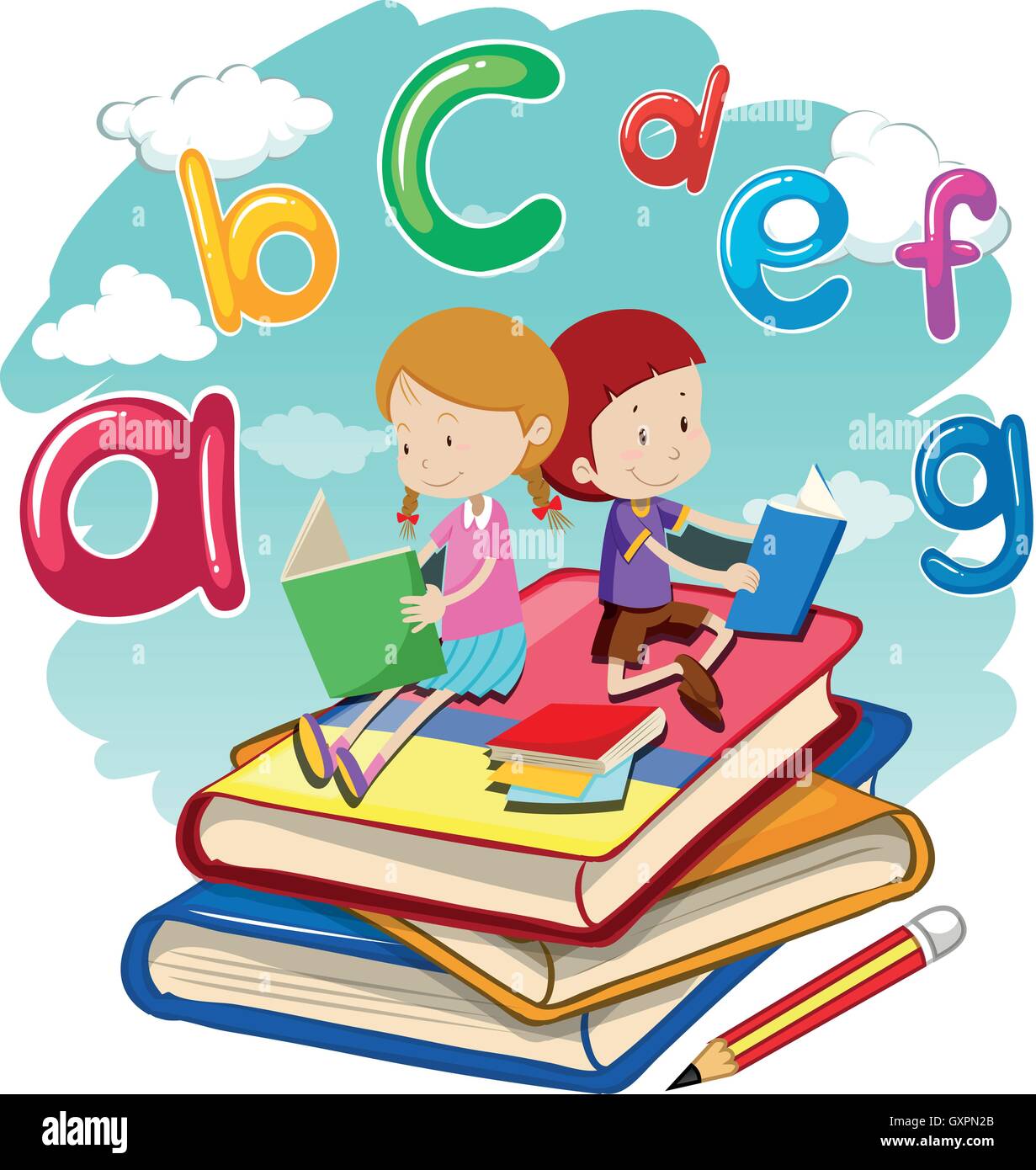 Two kids reading books together illustration Stock Vector Image & Art ...