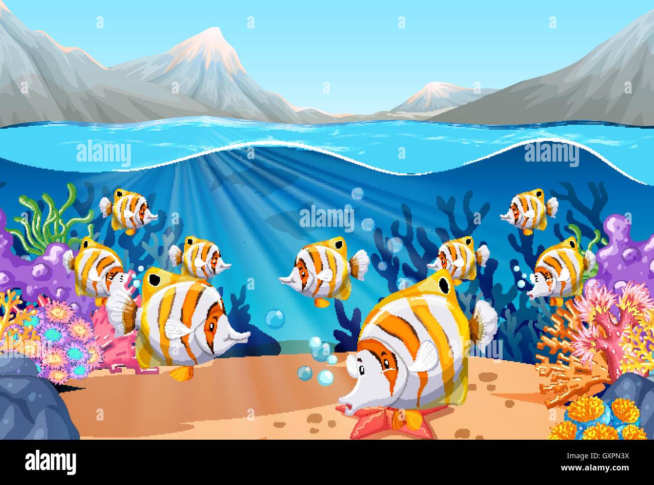 Scene with fish swimming under the sea illustration Stock Vector Image ...