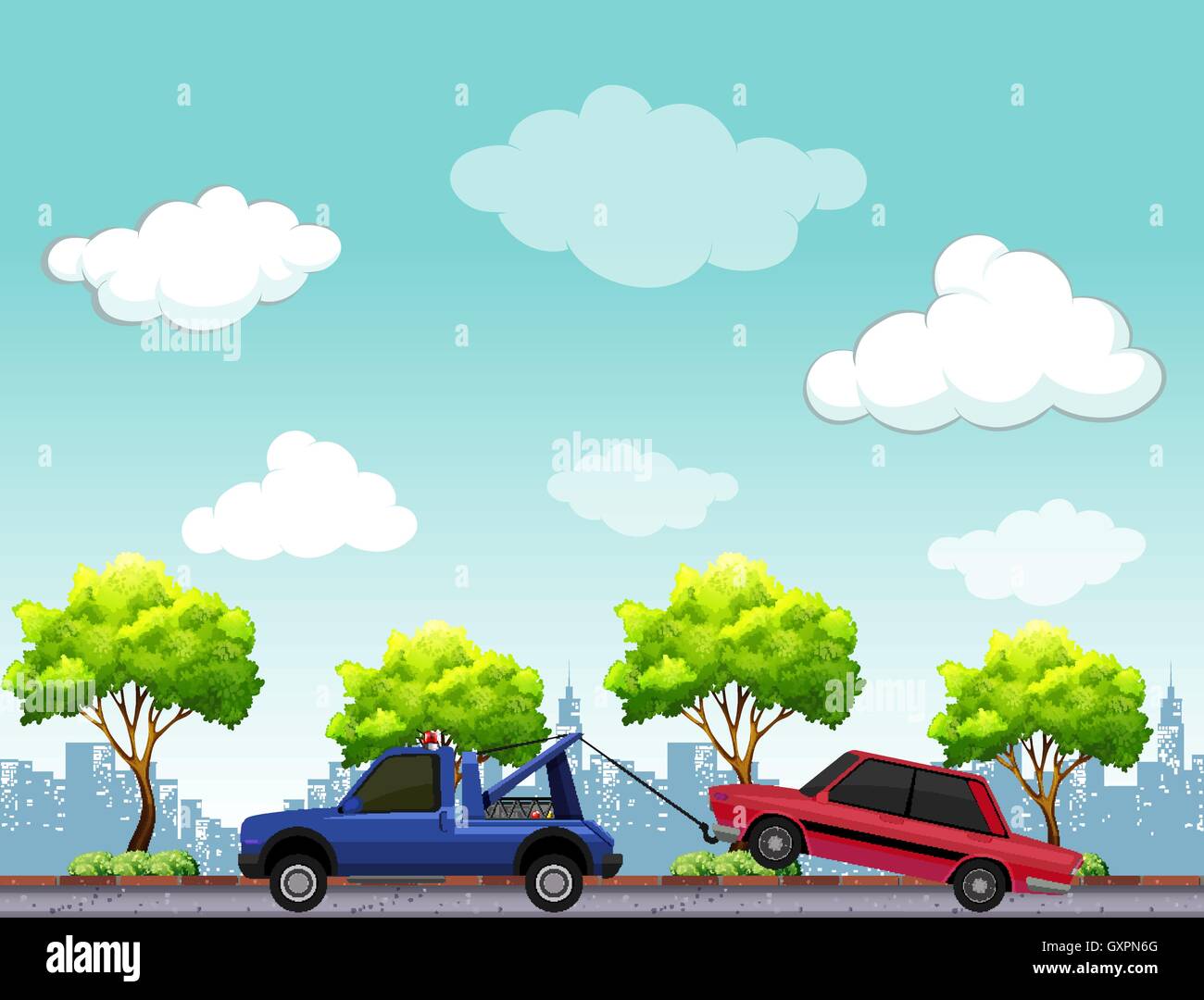 Truck pulling red car on the street illustration Stock Vector Image ...