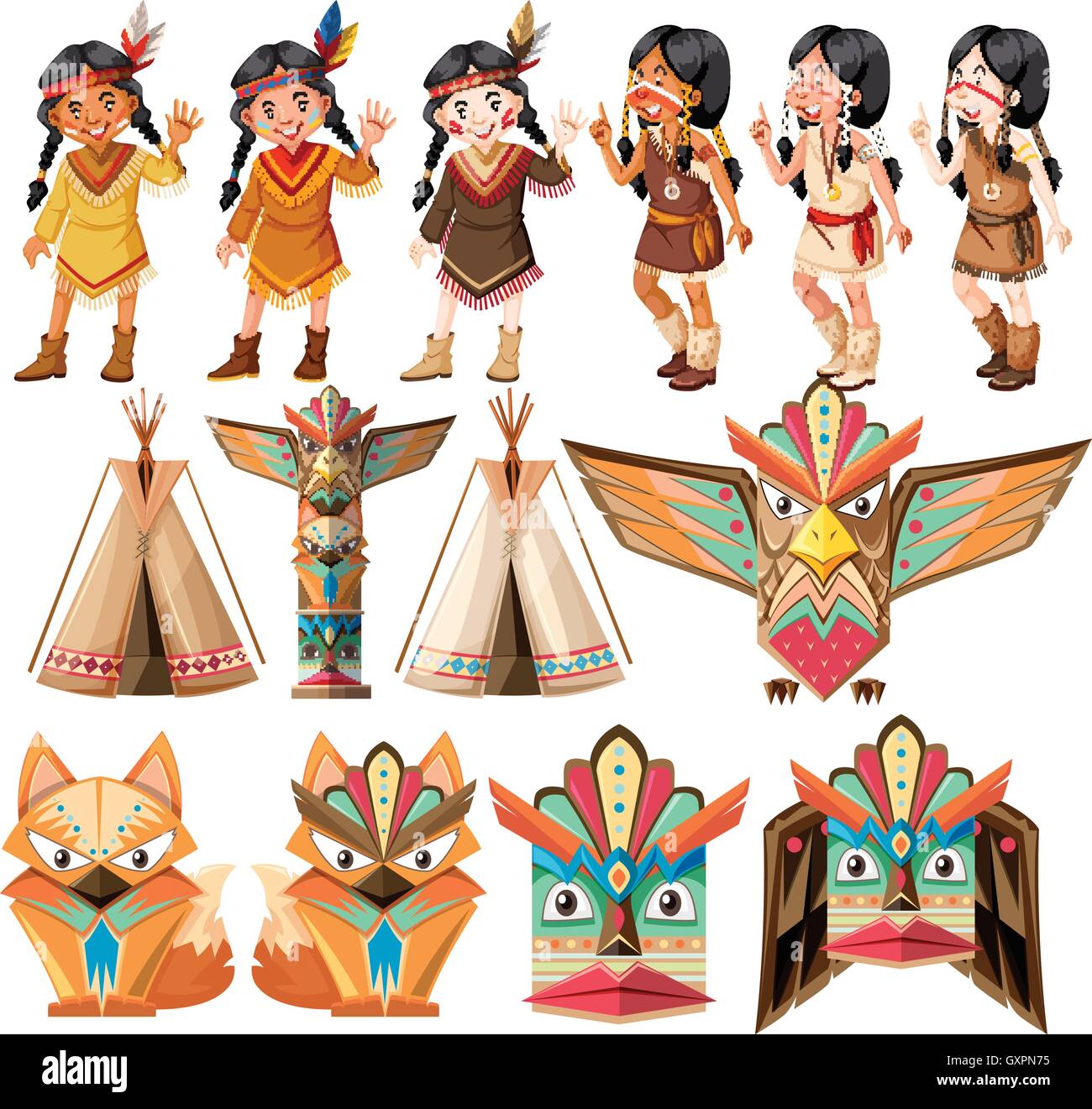 Native american indians and traditional craft set illustration Stock ...