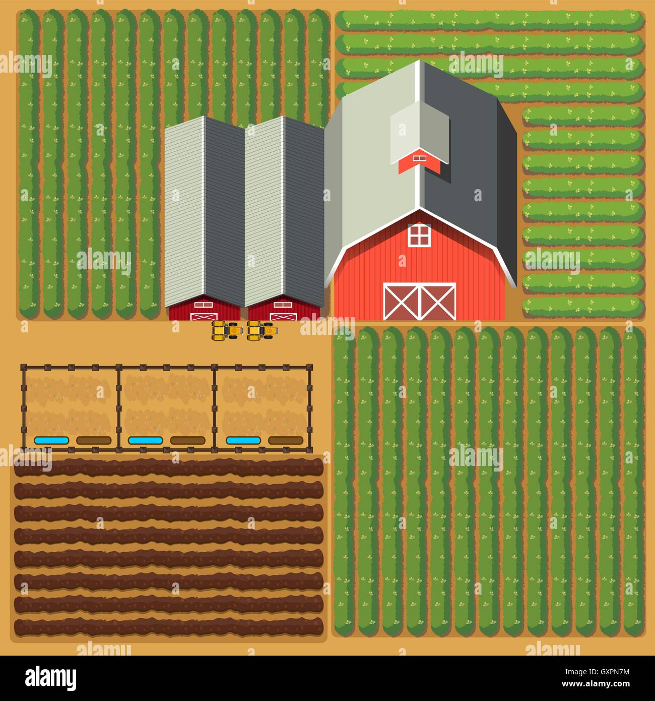 Aerial view of farmland with barns and crops illustration Stock Vector ...