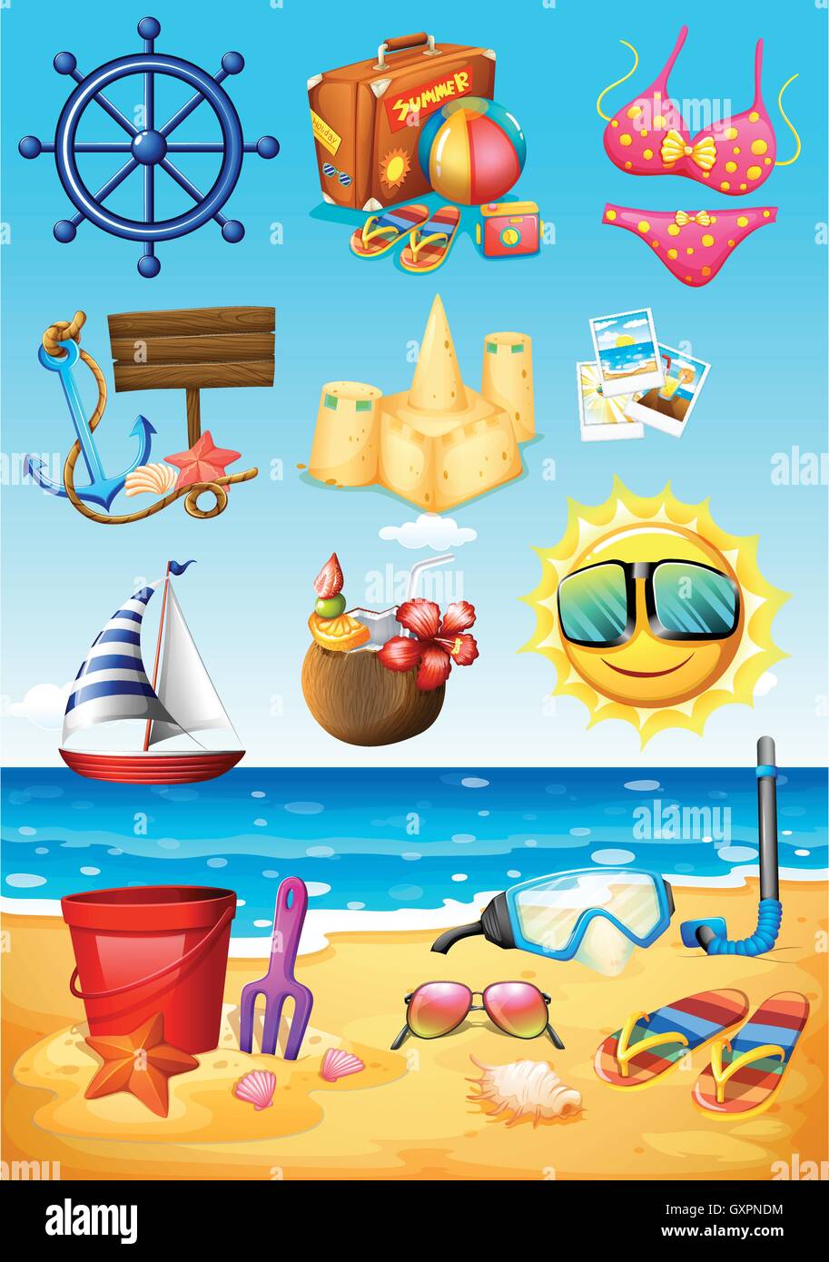 Ocean scene and beach objects illustration Stock Vector Image & Art - Alamy