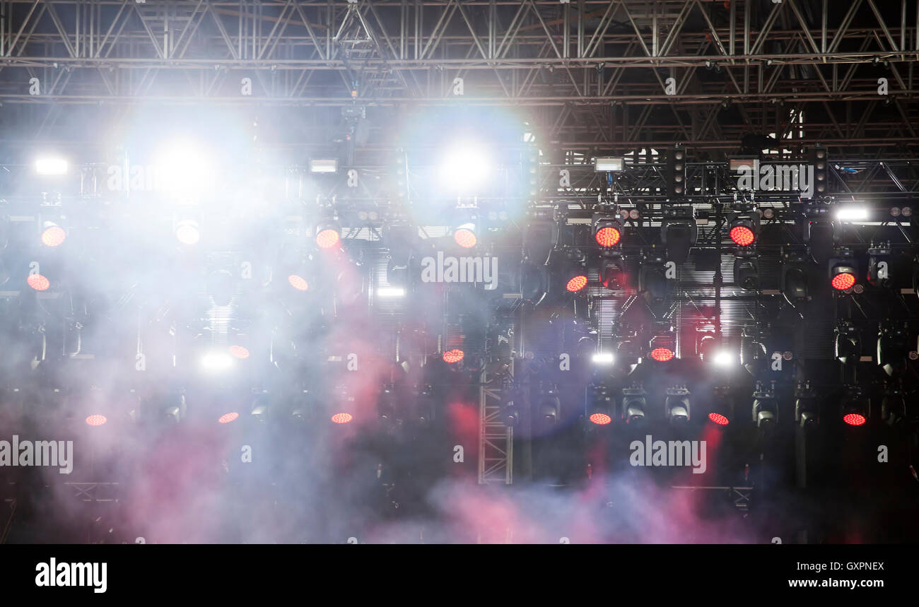 Stage lights and colorful smoke on electric concert Stock Photo - Alamy