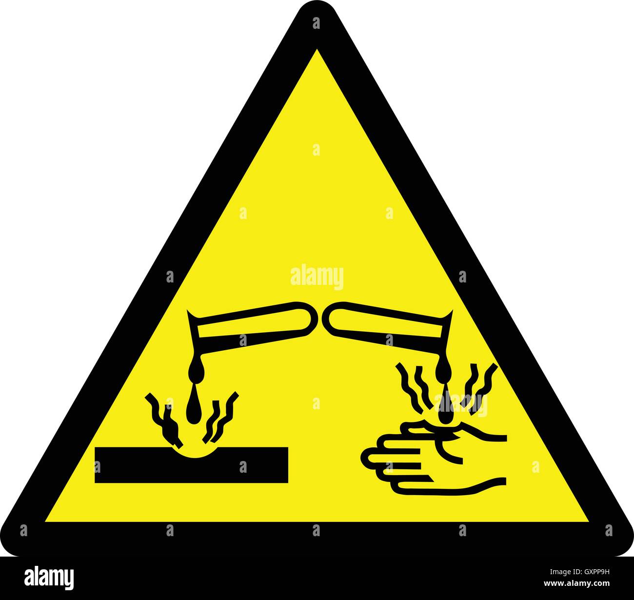 Corrosive material warning sign, yellow triangular warning sign vector ...