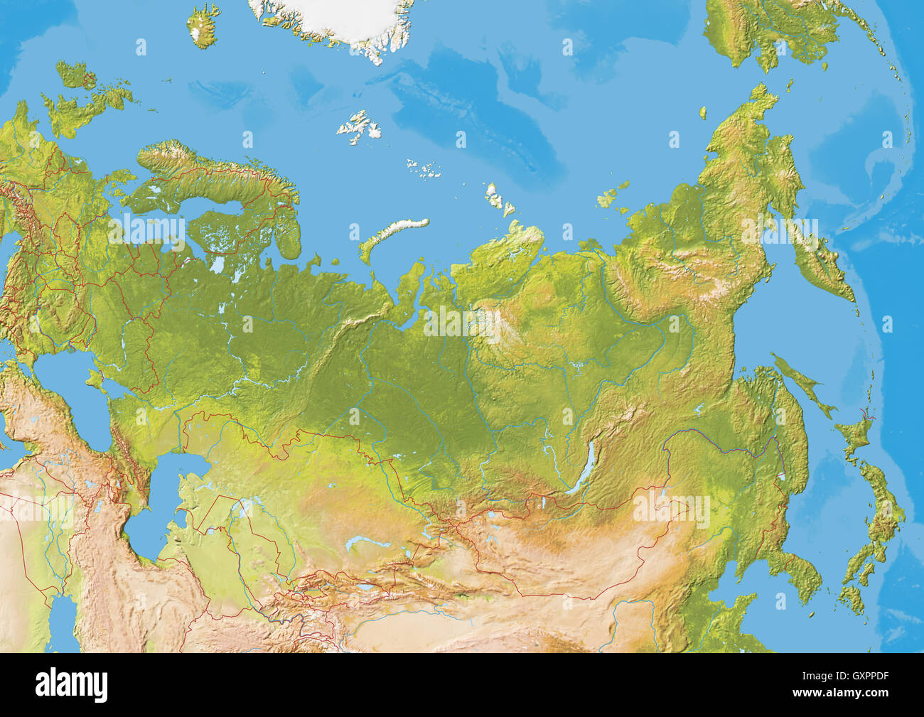Map of Russia, natural colors with hillshading. Showing international ...