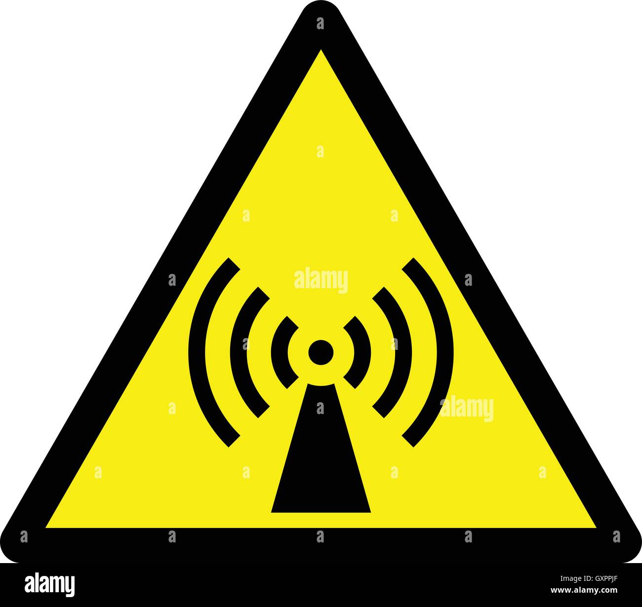 Non-ionising radiation warning sign. Yellow triangular warning sign ...