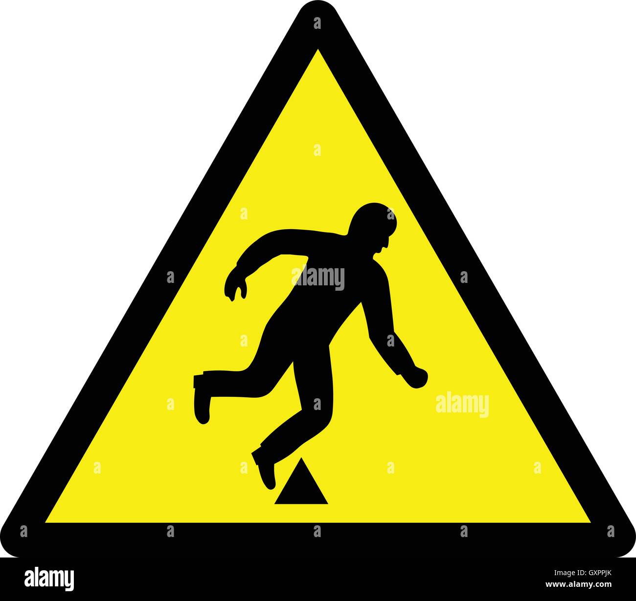 Obstacles warning sign. Yellow triangular warning sign with man ...