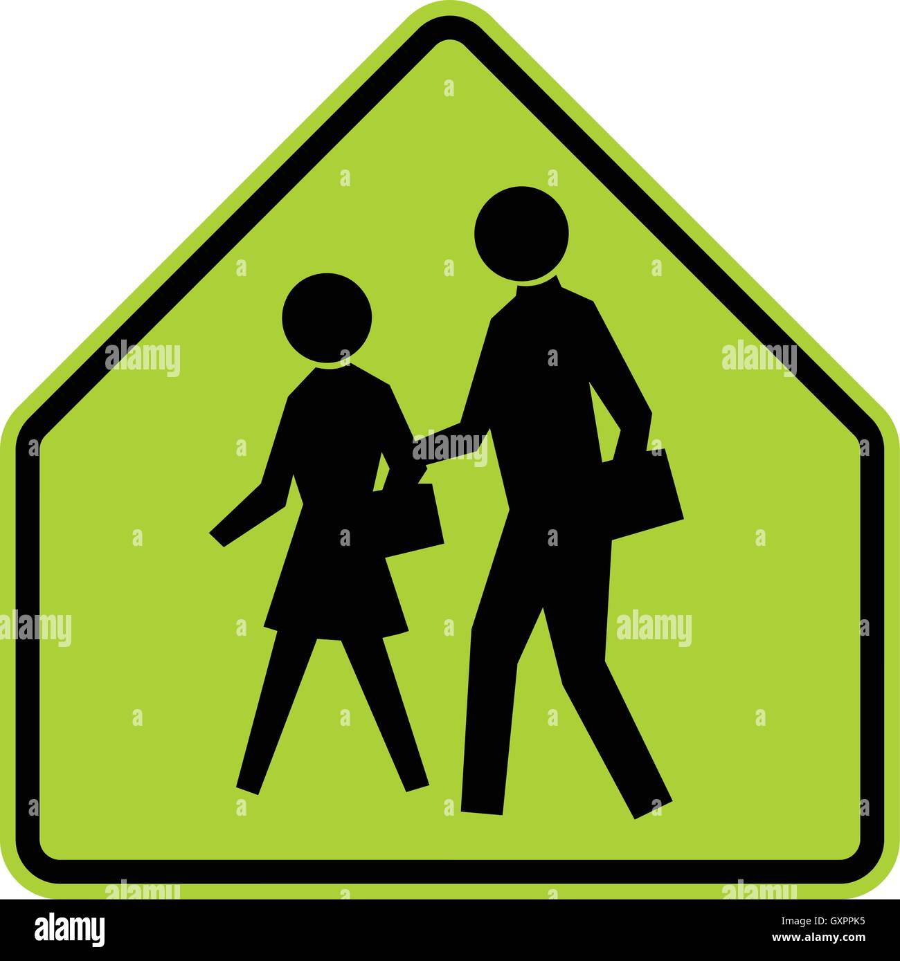 School - green warning sign with black walking pedestrian silhouettes ...