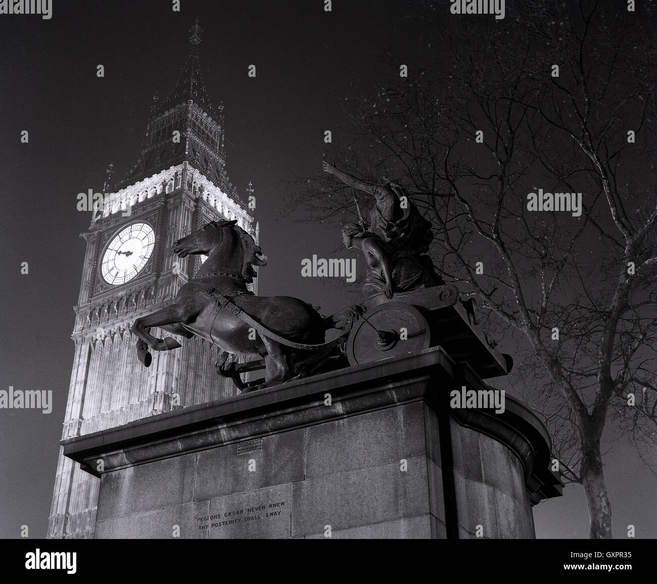 1950s, historical, evening time and the statue of Boadicea and Her ...