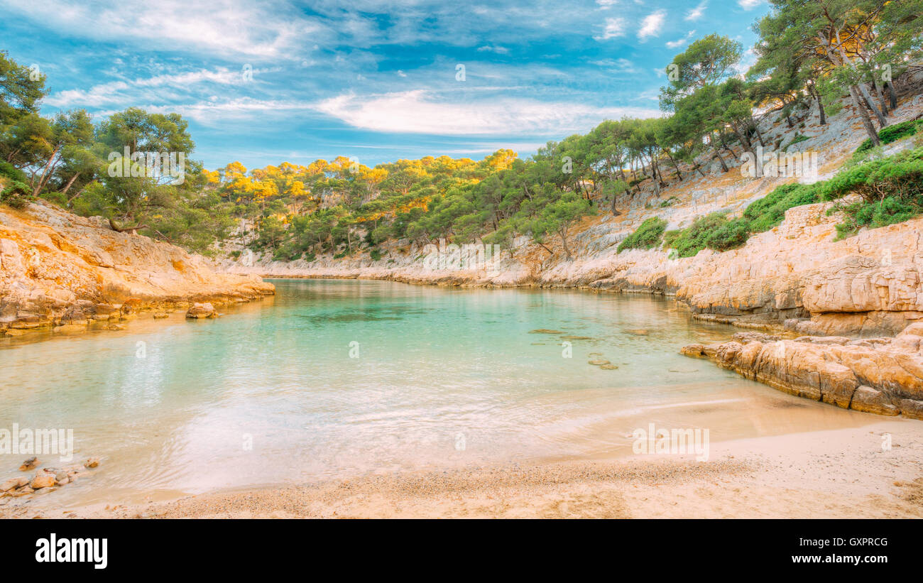 Panorama Of Calanques On The Azure Coast Of France. Coast "De Port Pin ...