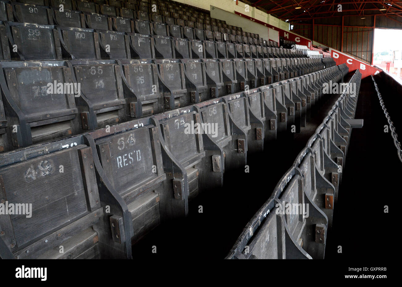 A general view of old wooden seating inside Oakwell Stadium before the ...