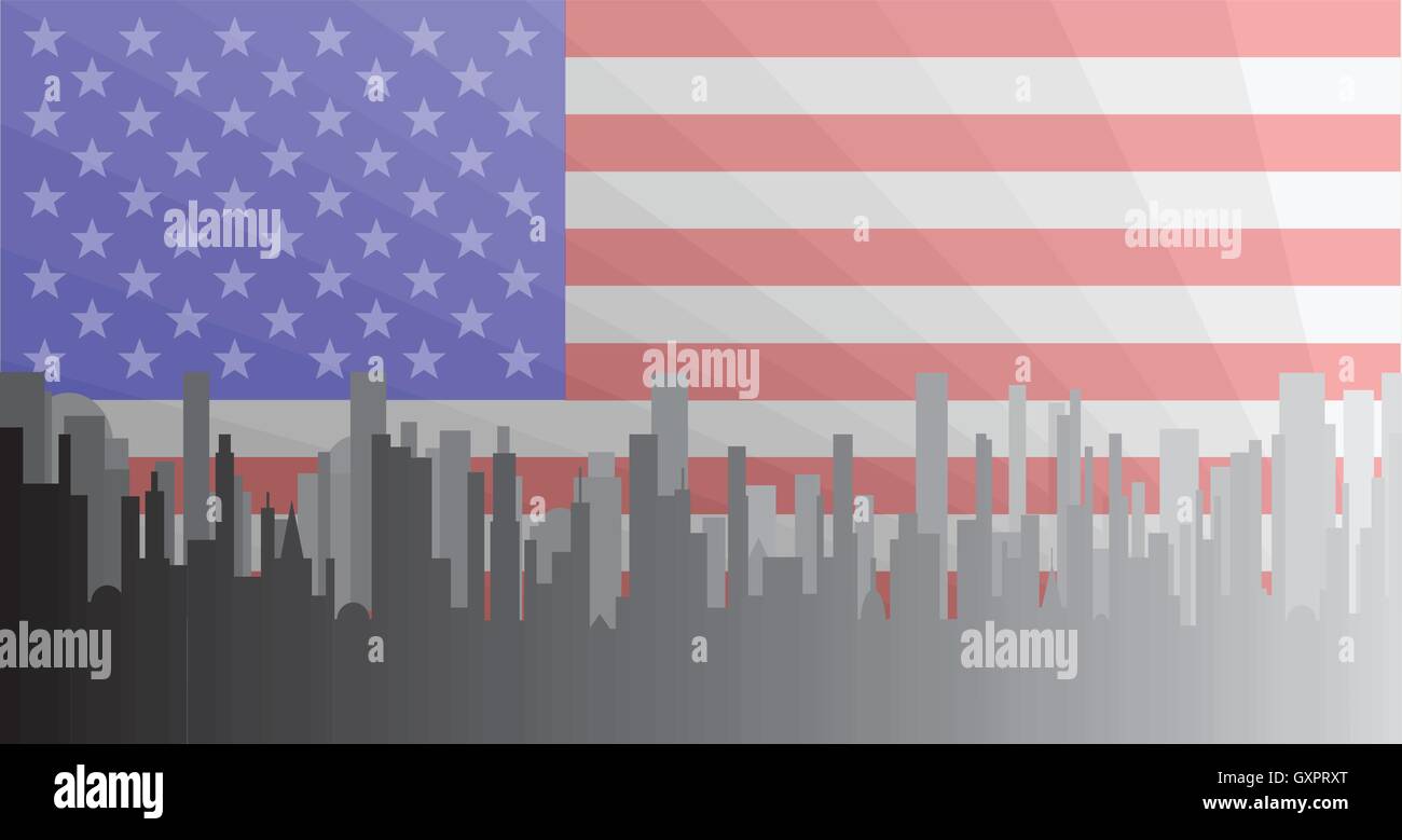 A grey cityscape shown in grey and silhouette with the Stars and ...