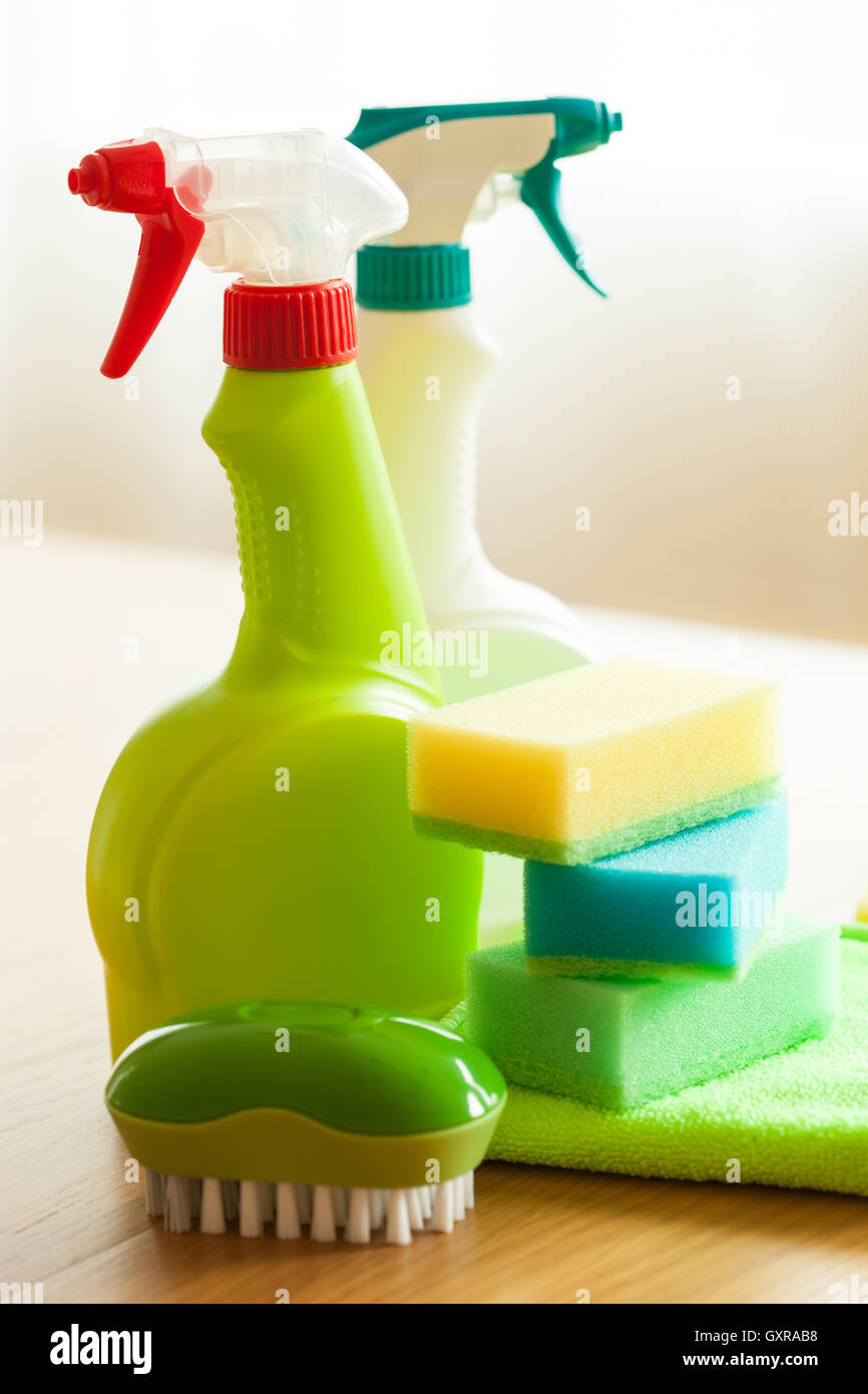 cleaning items household spray brush sponge glove Stock Photo - Alamy