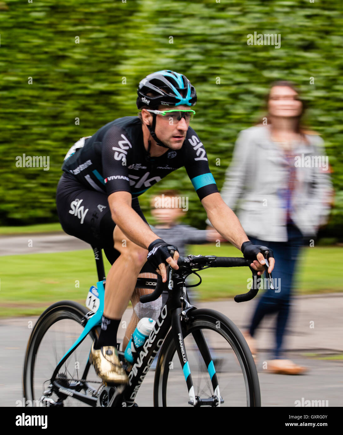 Cyclist in team Sky in the Tour of Britain cycle race as it passes ...