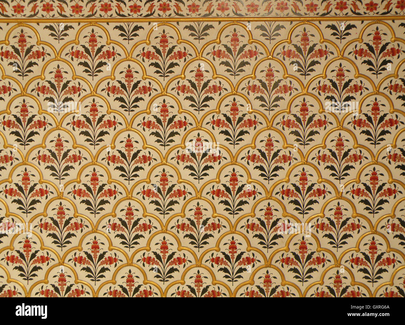Beautiful Indian Style Pattern in Gold, Red, Dark Green on Off White ...