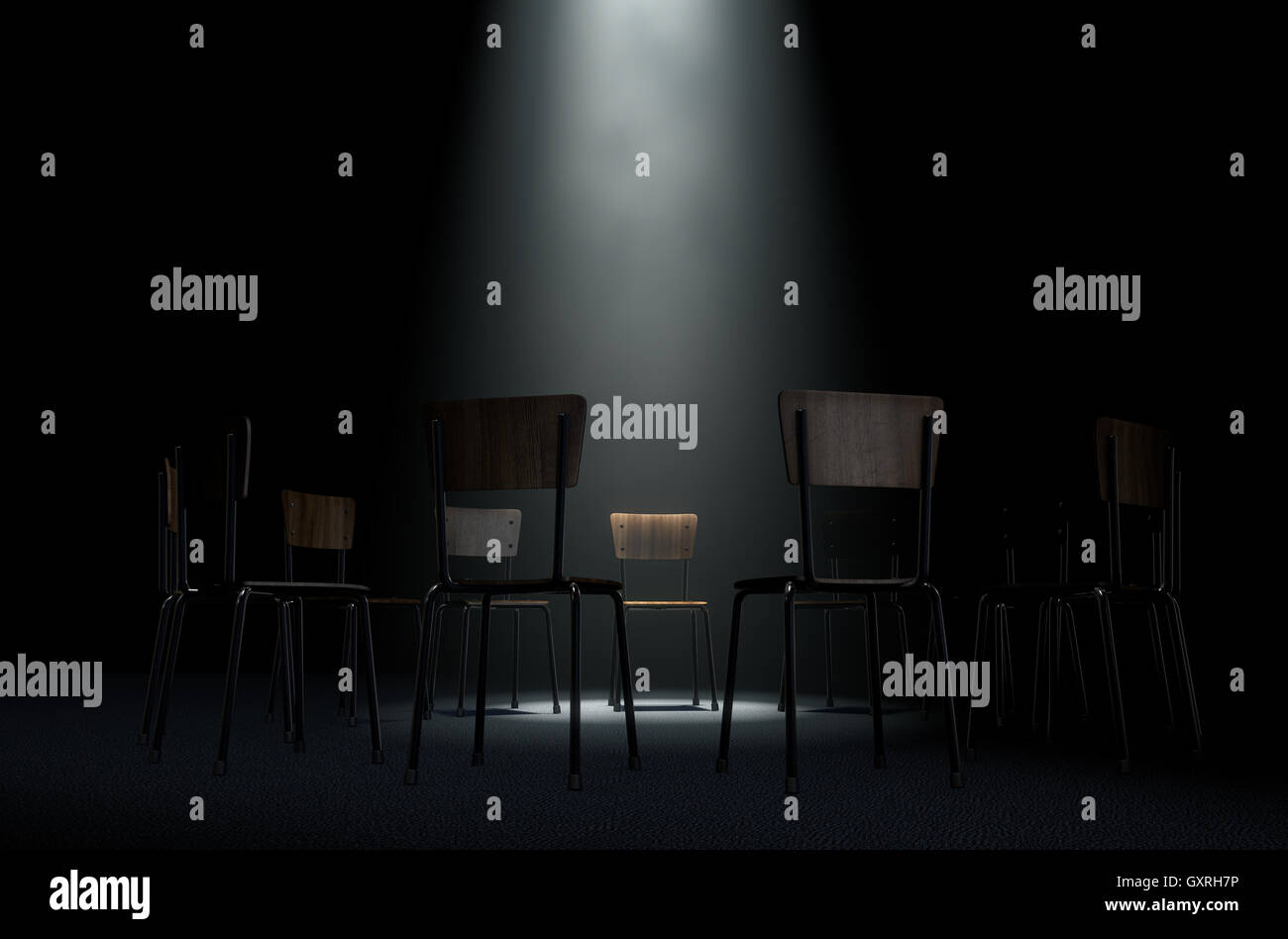 A 3D render concept of a group of chairs in a circular formation with ...