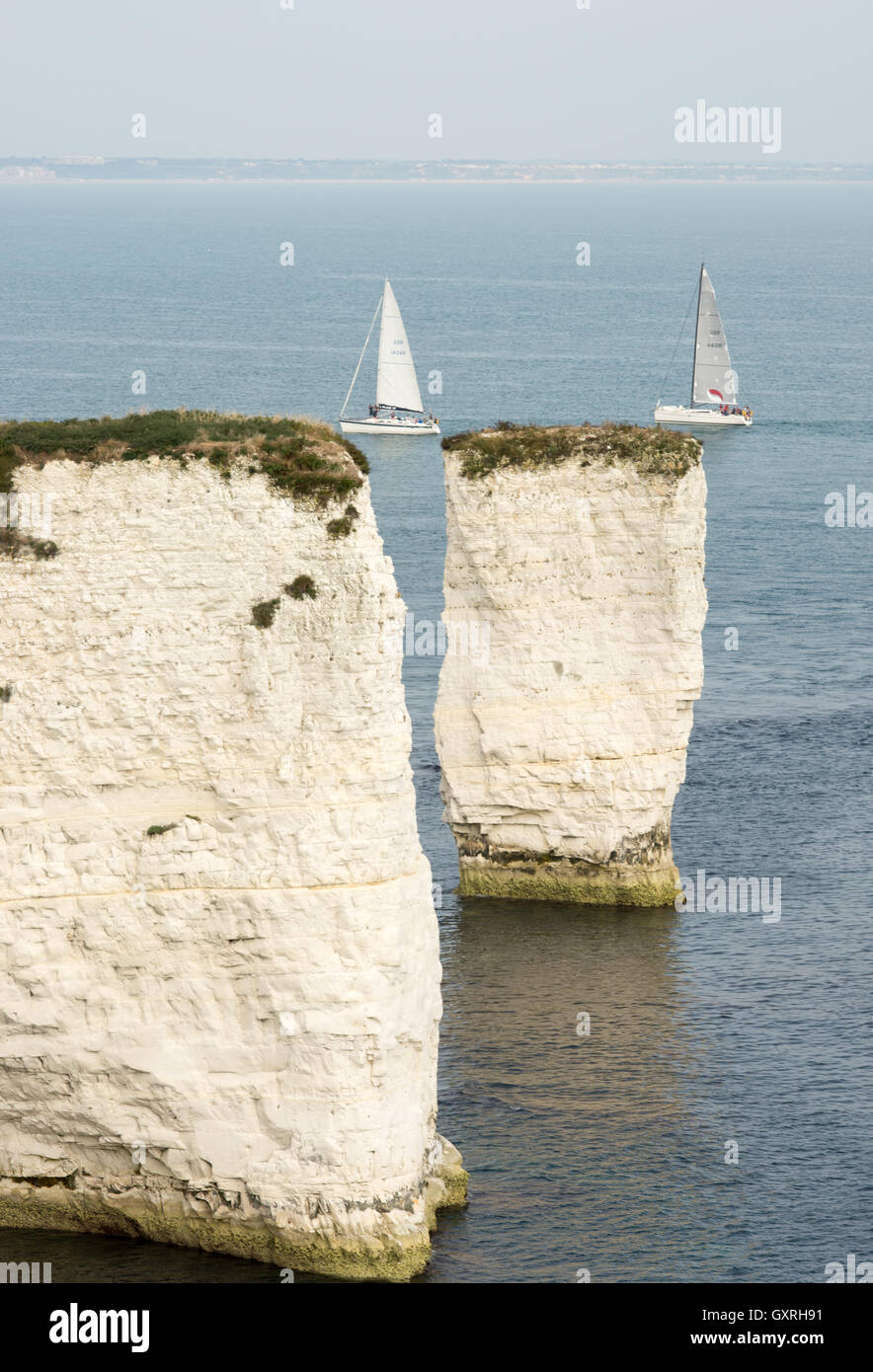 Sailing past chalky white cliffs at Old Harry Rocks on the coast of ...