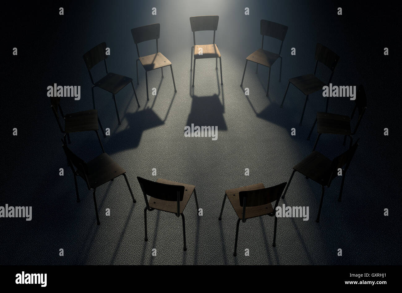 A 3D render concept of a group of chairs in a circular formation with ...