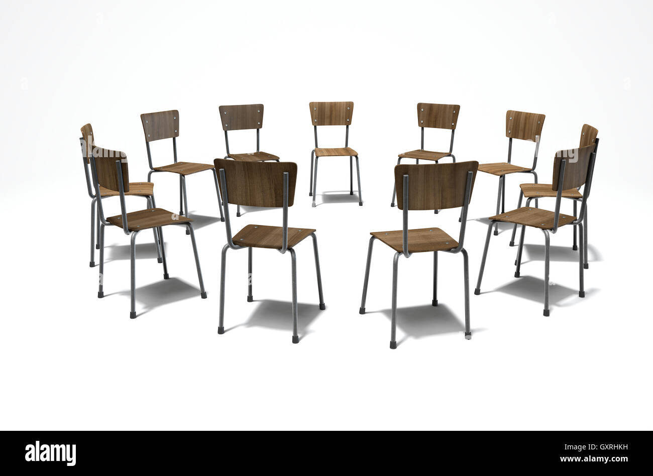A 3D render concept of a group of chairs in a circular formation ...
