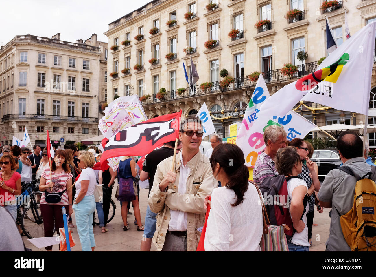 FSU labour law Protest outside Grand Hotel Bordeaux Stock Photo - Alamy