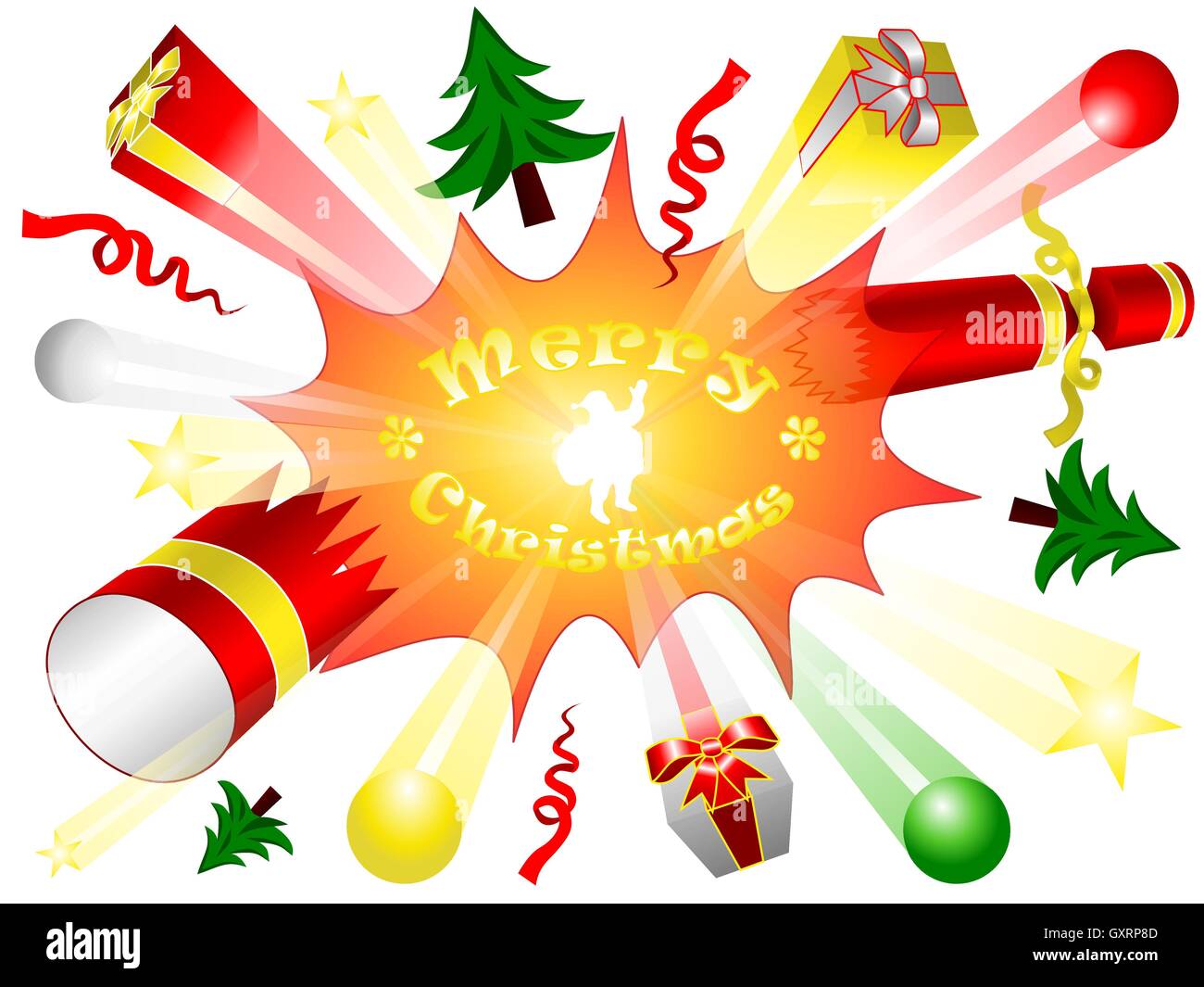 Burst cracker, bonbon, gift boxes, balls, stars, Christmas trees, and ...