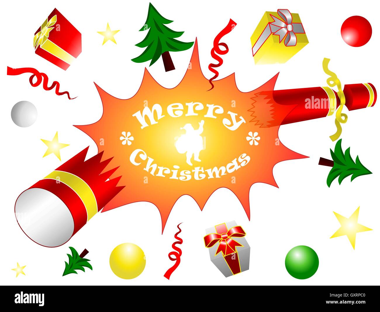 Burst cracker, bonbon, gift boxes, balls, stars, Christmas trees, and ...