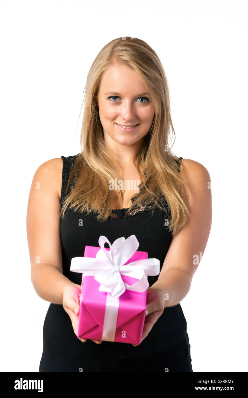 Blond girl with present Stock Photo - Alamy