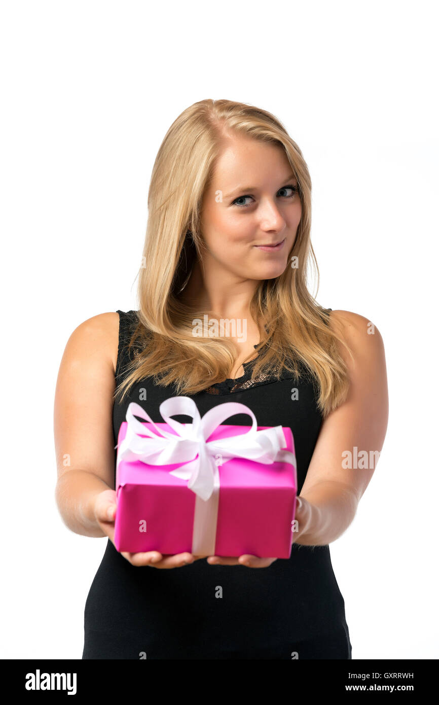 Blond girl with present Stock Photo - Alamy