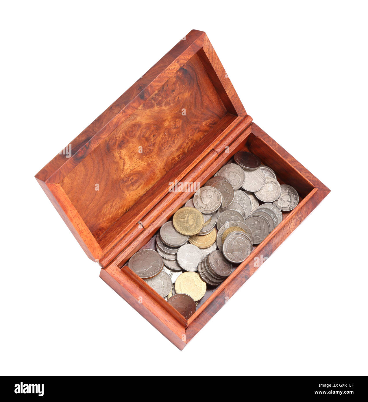 opened wooden moneybox with coins on white background Stock Photo - Alamy