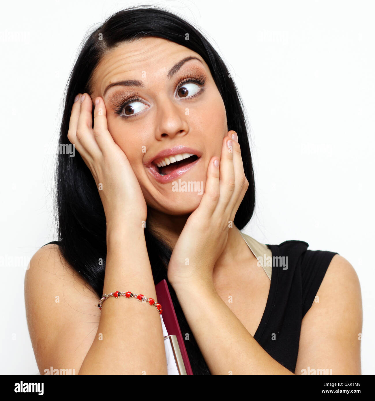 Young woman with weird expression isolated on white Stock Photo - Alamy