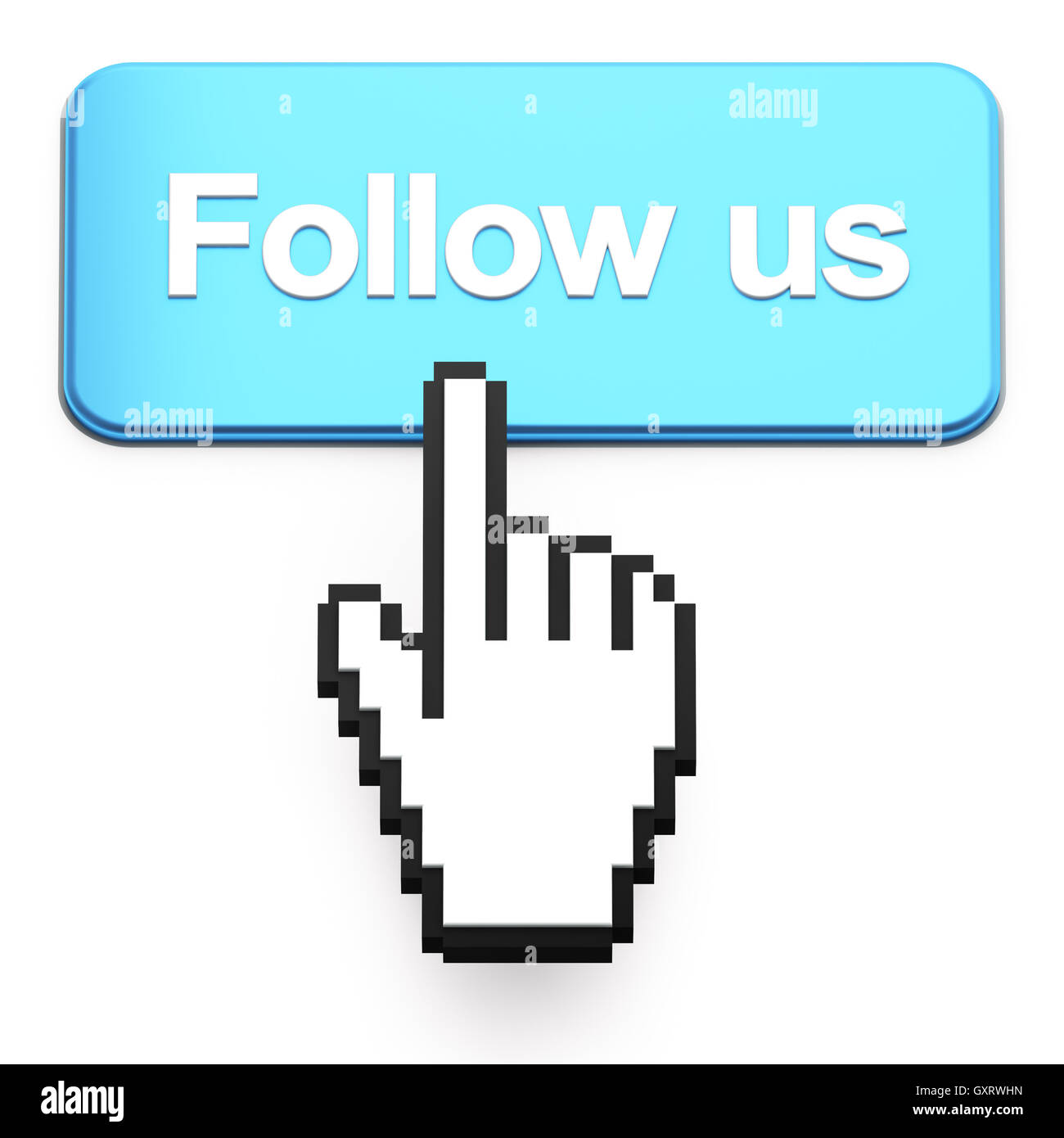 Hand-shaped mouse cursor press Follow Us button Stock Photo - Alamy