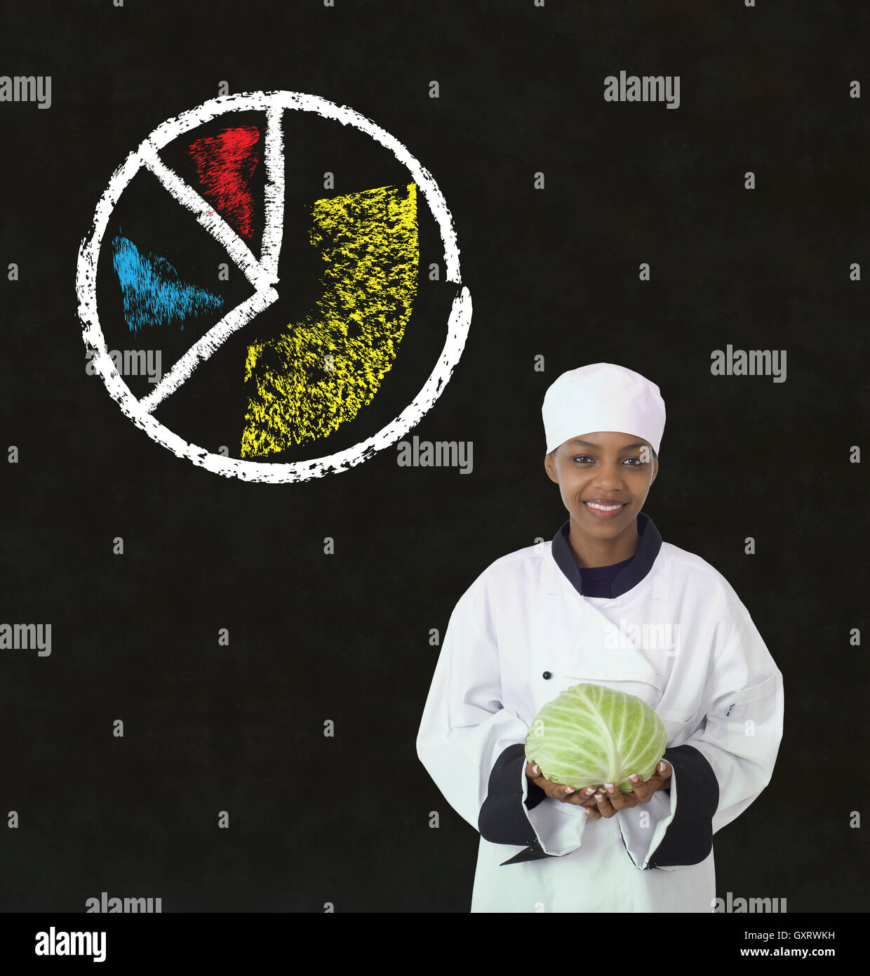 African American woman chef with chalk pie chart on blackboard ...