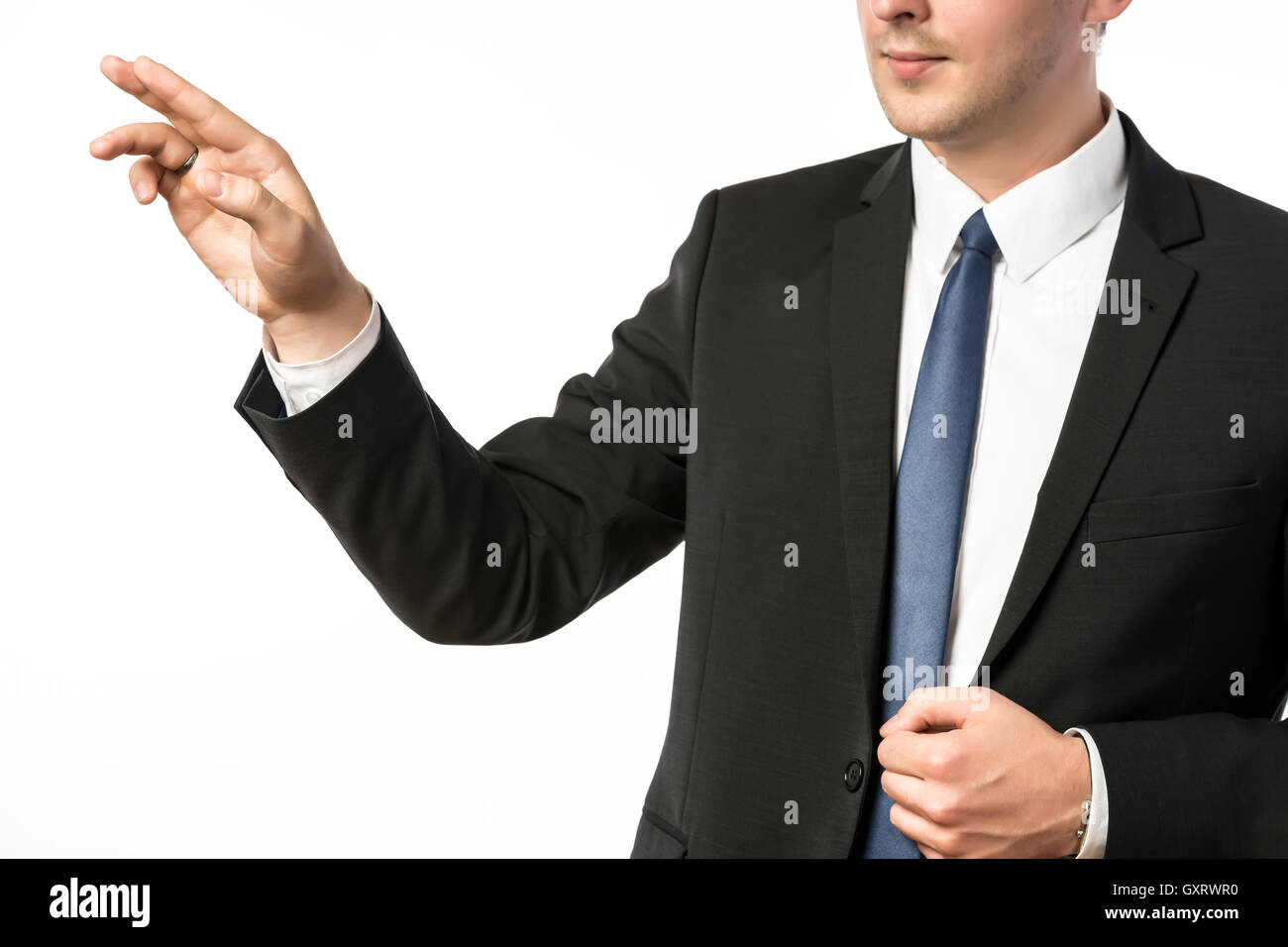 Closeup businessman holding his right hand up Stock Photo - Alamy