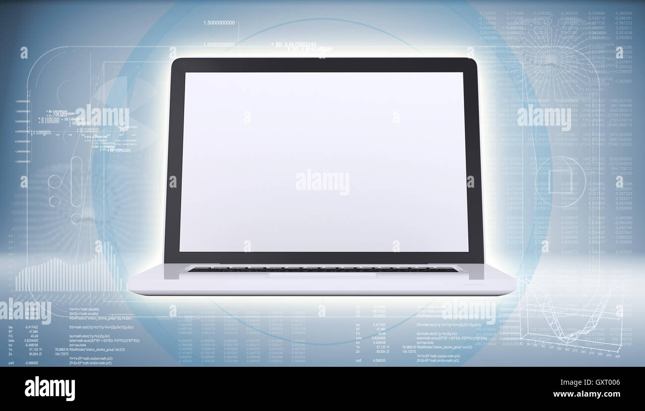 Laptop on high-tech blue background Stock Photo - Alamy